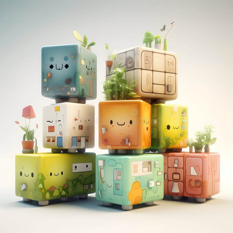 3d Rendering of Abstract Cube Cartoon Characters. Generative AI. Stock ...