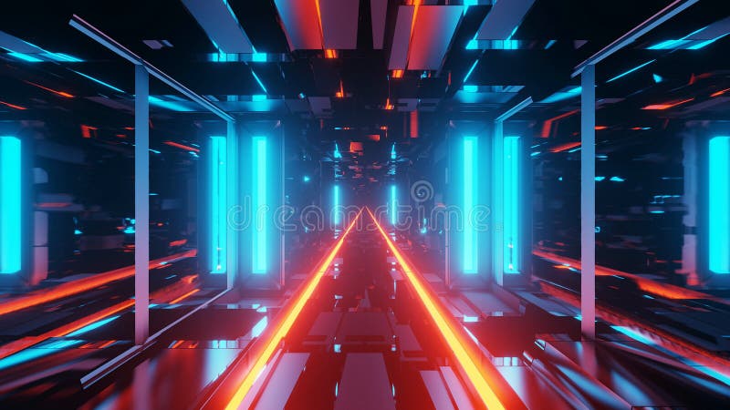 3D Rendering Abstract Futuristic Background with Blue and Orange Neon ...