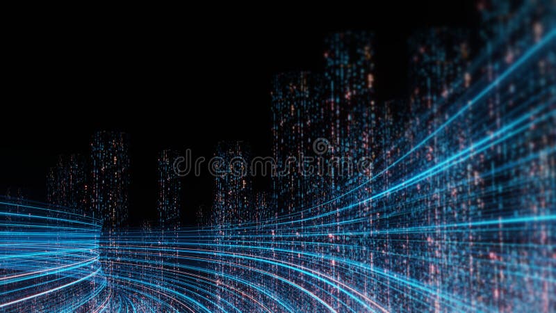 3D Rendering of Abstract Highway Path through Digital Binary Towers in ...