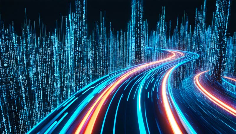 3D Rendering of Abstract Highway Path through Digital Binary Towers in City. Concept of Big Data ...