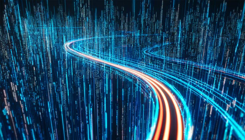 3D Rendering of Abstract Highway Path through Digital Binary Towers in City. Concept of Big Data ...