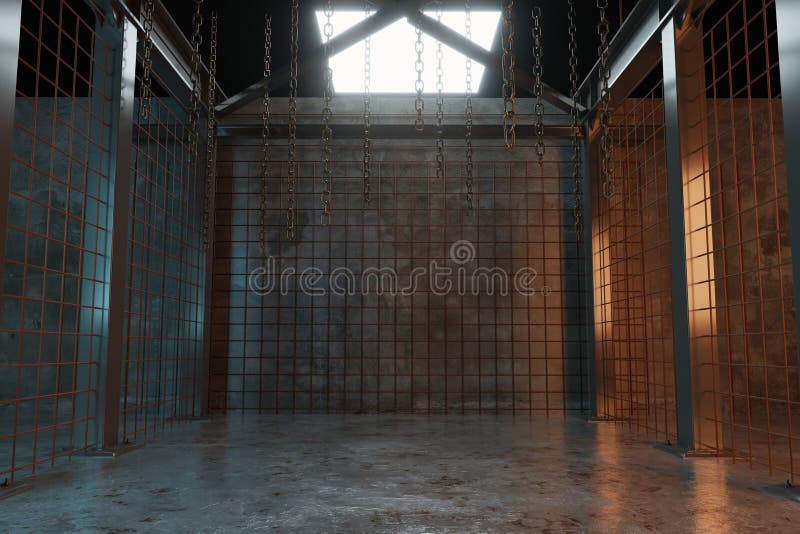3d Rendering of Abstract Industrial Hall with Rusty Mesh and Hanging ...