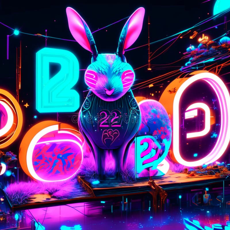 3d Rendering of Abstract Neon Background with Rabbit and Numbers 3d ...
