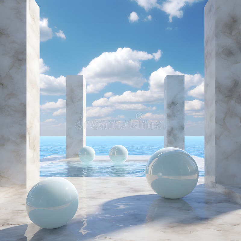 3d Rendering of Abstract Outdoor Space with Sphere Decorations and Blue ...