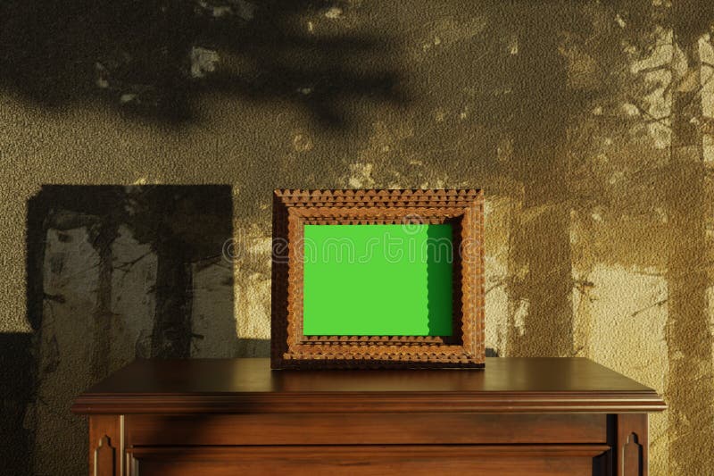Aged Picture Frame with Green Screen Standing on Wooden Commode Stock ...