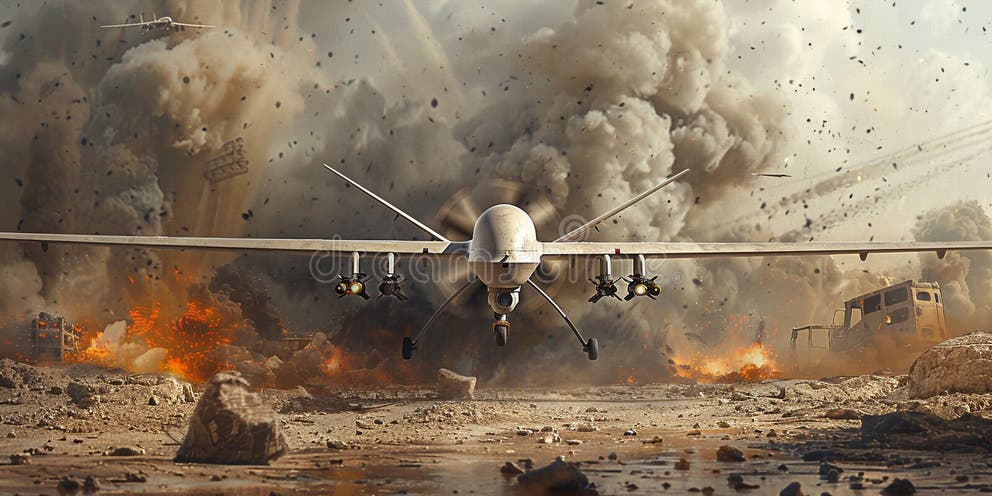 A 3d Rendering of a Military UAV Flying Over a Desert Stock ...