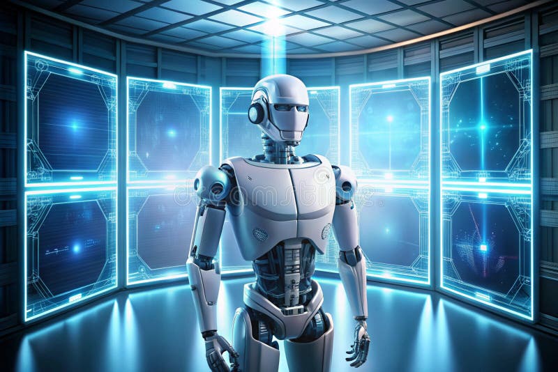 3D Rendering of AI Robot with Blank Frames HUD Stock Illustration ...