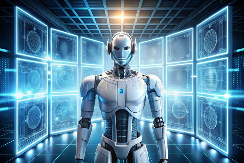 3D Rendering of AI Robot with Blank Frames HUD Stock Illustration ...