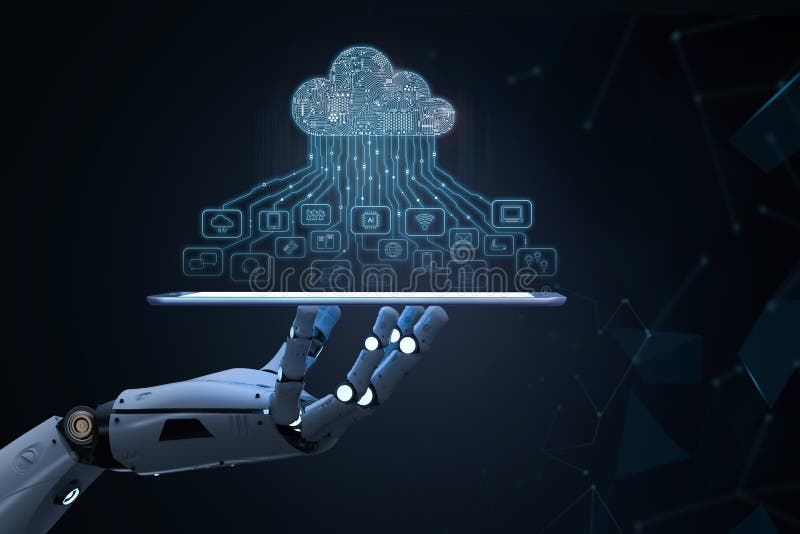 Robot with cloud computer stock illustration. Illustration of network ...