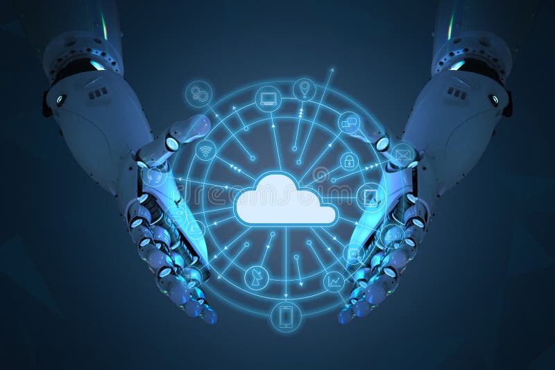 Robot with cloud computer stock illustration. Illustration of network ...