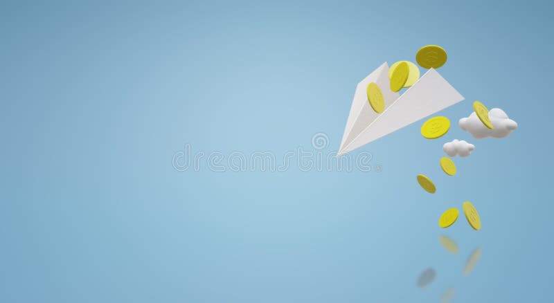 A 3d Rendering Air Plane Paper and Gold Coin Stock Illustration ...