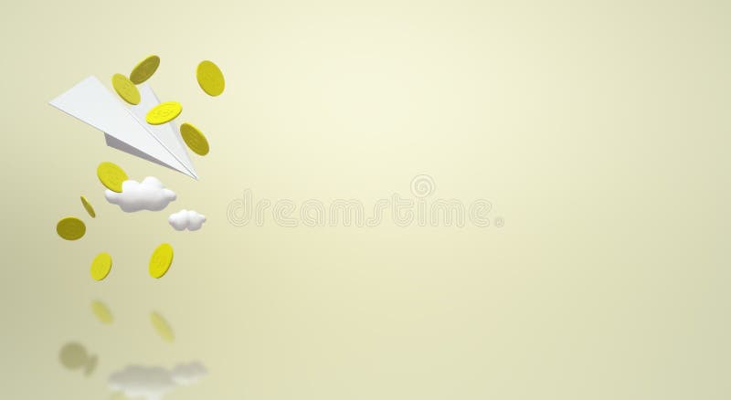 A 3d Rendering Air Plane Paper and Gold Coin Stock Illustration ...