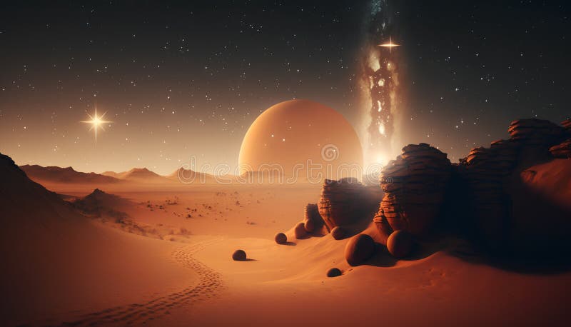 3D Rendering of an Alien Planet with a Meteor in the Sky Stock ...