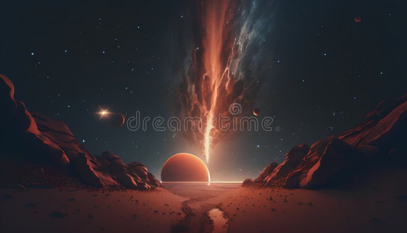 3D Rendering of an Alien Planet in the Night Sky with Stars Stock ...