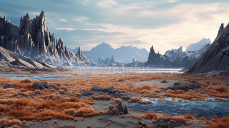 3d Rendering of Alien Worlds: Mountains and Grass in the Desert Stock ...