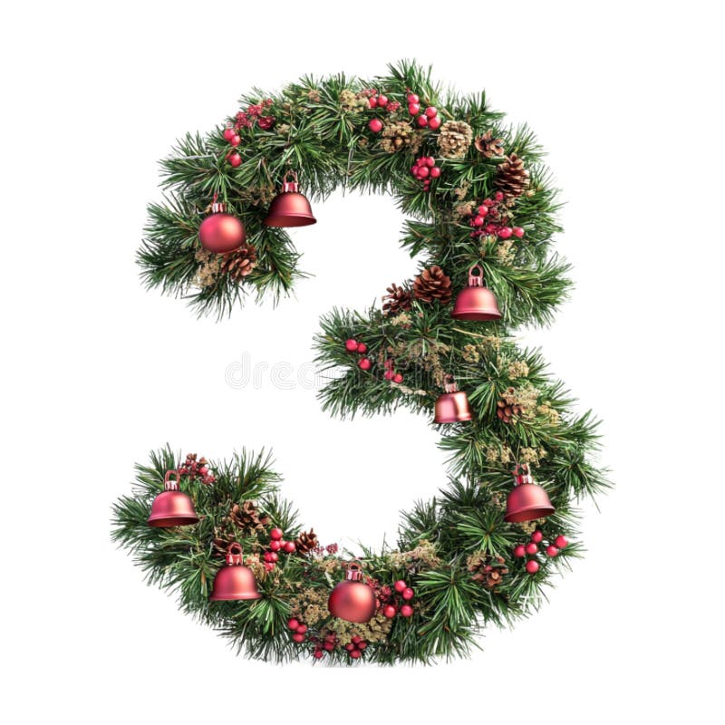 3D Rendering of a Alphabet Number 3 Made with Christmas Tree with Bells ...
