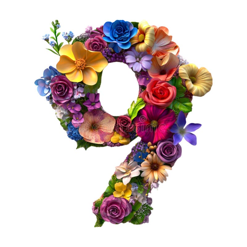 3D Rendering of a Alphabet Number 9 Made with Colorful Flowers on ...