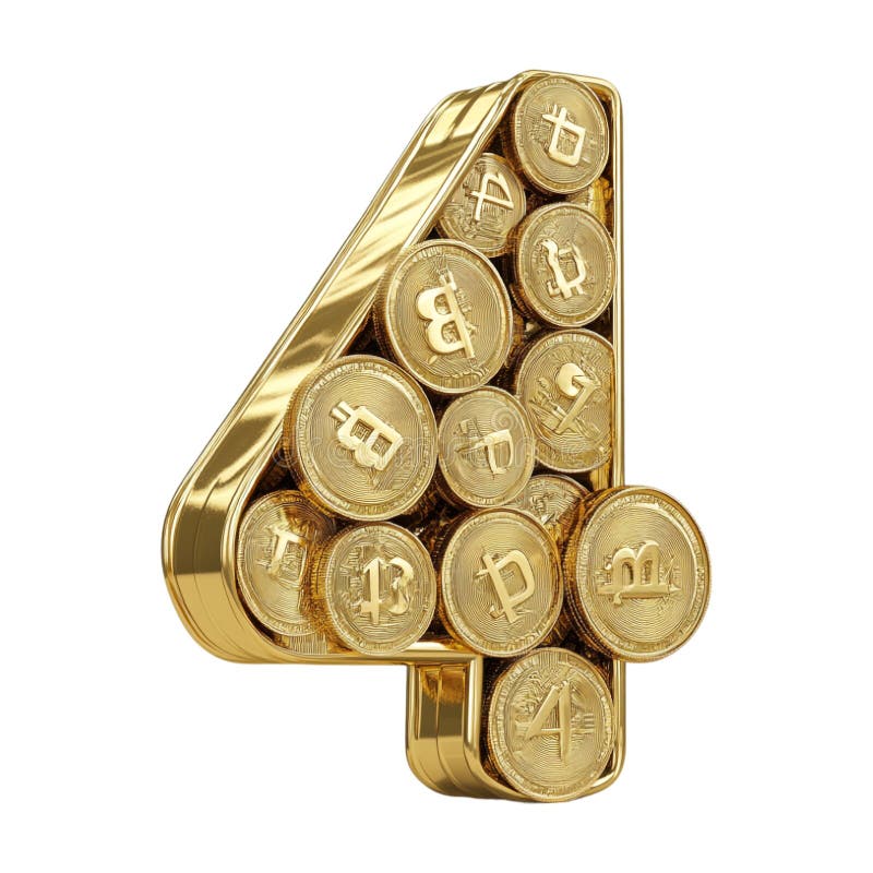 3D Rendering of a Alphabet Number 4 Made with Gold Coins on Transparent ...