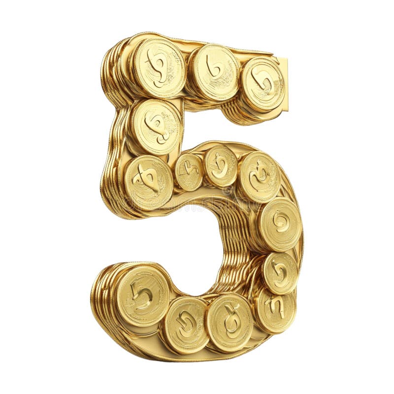 3D Rendering of a Alphabet Number 5 Made with Gold Coins on Transparent ...