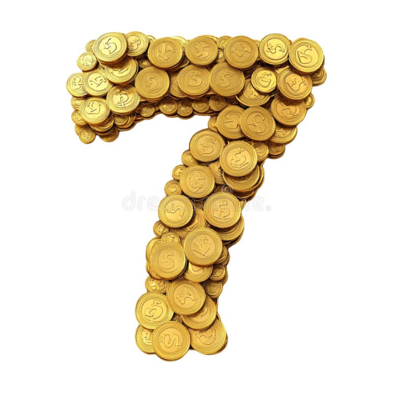 3D Rendering of a Alphabet Number 7 Made with Gold Coins on Transparent ...