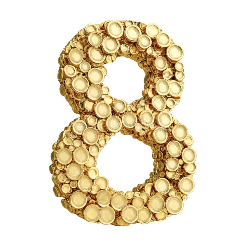 3D Rendering of a Alphabet Number 8 Made with Gold Coins on Transparent ...