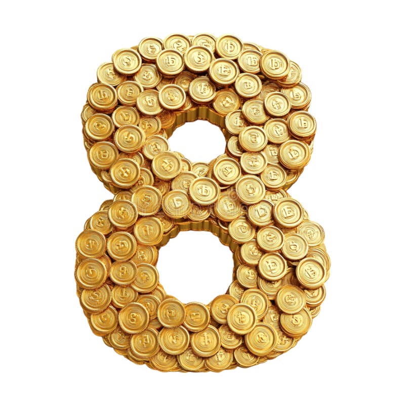 3D Rendering of a Alphabet Number 8 Made with Gold Coins on Transparent ...