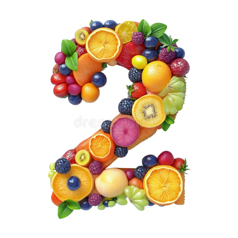 3D Rendering of a Alphabet Number 2 Made with Mix Fruits on Transparent ...