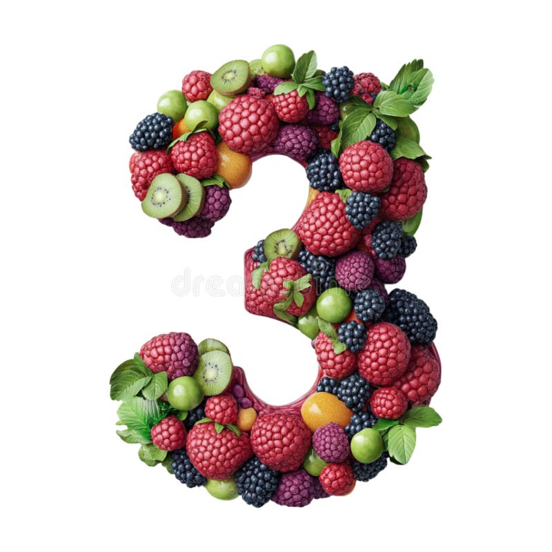 3D Rendering of a Alphabet Number 3 Made with Mix Fruits on Transparent ...