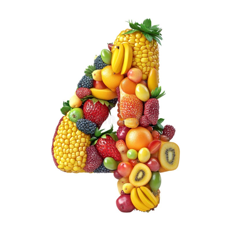 3D Rendering of a Alphabet Number 4 Made with Mix Fruits on Transparent ...