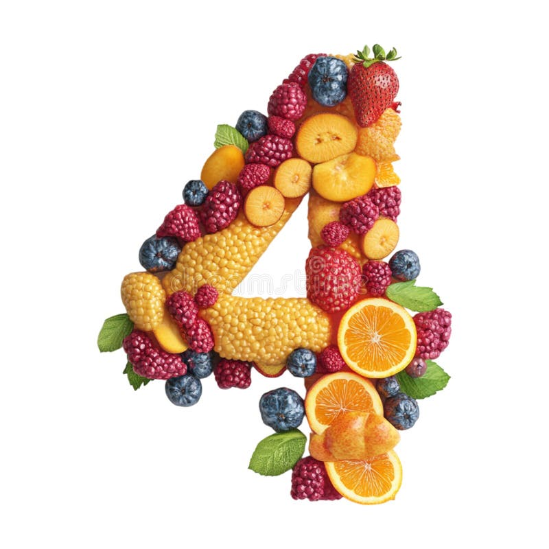 3D Rendering of a Alphabet Number 4 Made with Mix Fruits on Transparent ...