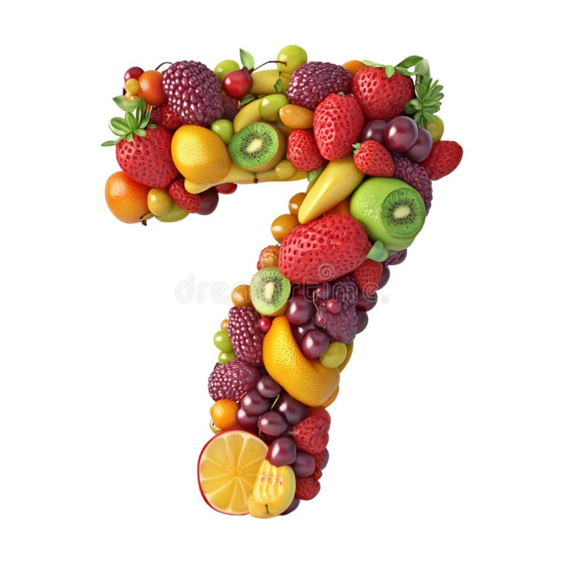 3D Rendering of a Alphabet Number 7 Made with Mix Fruits on Transparent ...