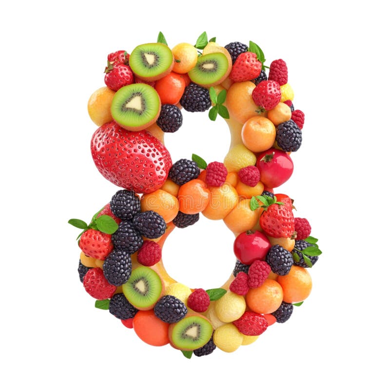 3D Rendering of a Alphabet Number 8 Made with Mix Fruits on Transparent ...