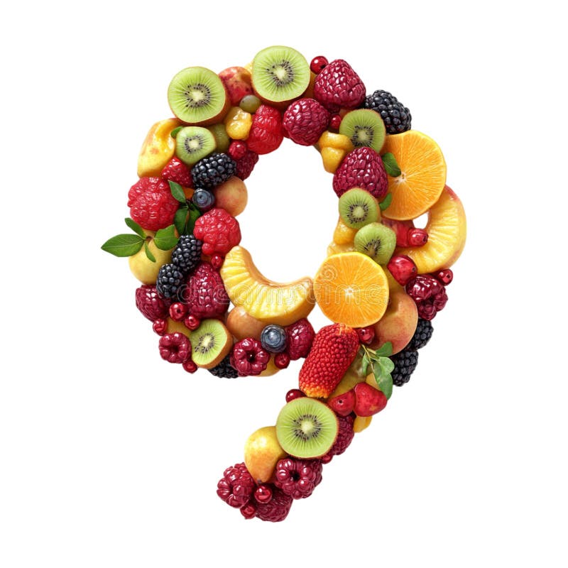 3D Rendering of a Alphabet Number 9 Made with Mix Fruits on Transparent ...