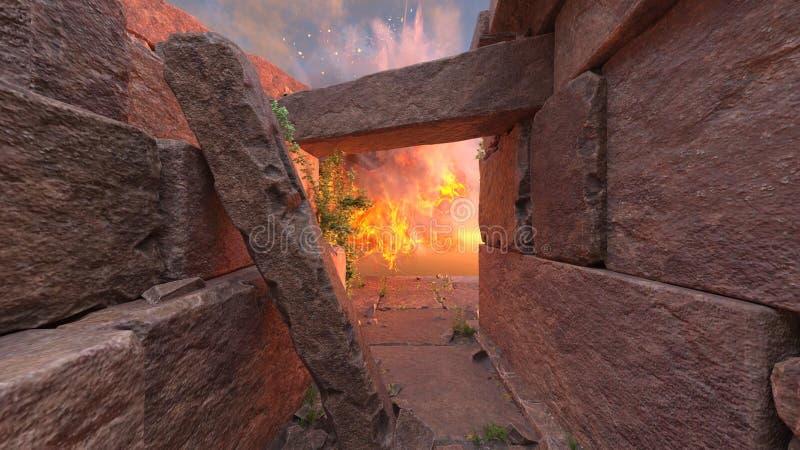 3D Rendering of the Ancient Ruins Under Attack Stock Illustration - Illustration of fire ...