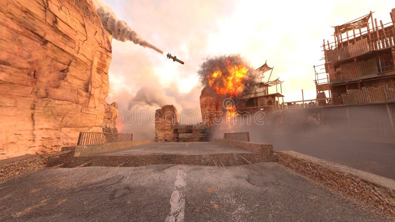 3D Rendering of the Ancient Ruins Under Attack Stock Illustration ...