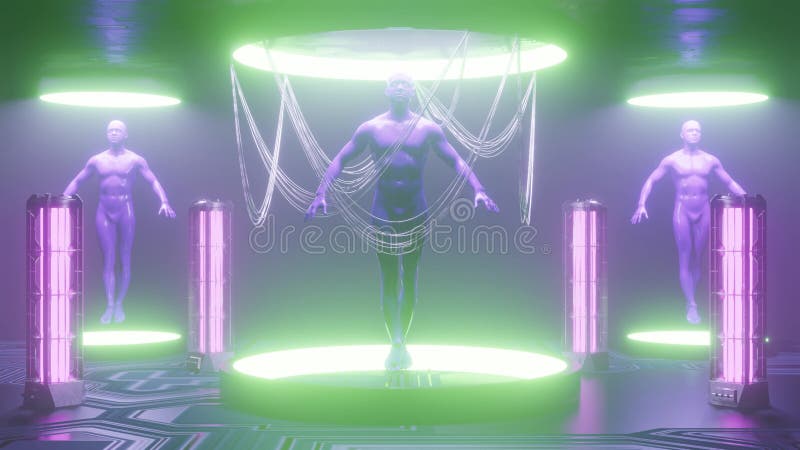 Humans Inside Illuminated Neon Circles in Laboratory. Abstract Sci Fi ... Humans Inside Illuminated Neon Circles in Laboratory. Abstract Sci Fi ...