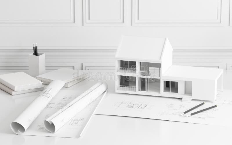3D Rendering of Architecture Model and Drawing Paper on Table Stock ...
