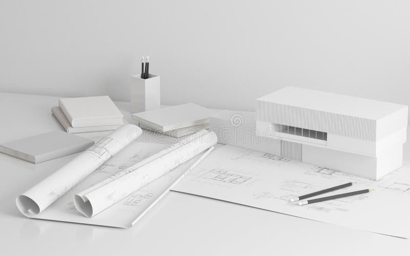 3D Rendering of Architecture Model and Drawing Paper on Table Stock ...