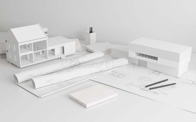 3D Rendering of Architecture Model and Drawing Paper on Table Stock ...
