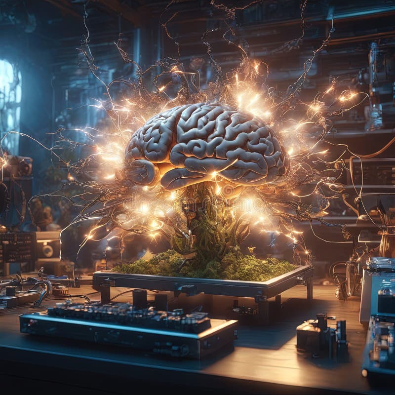 3 D Rendering of an Artificial Intelligence Brain with Computer Circuit ...