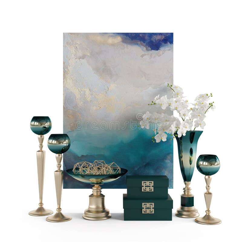 3D Rendering of an Artwork Set Up Behind Decorative Objects Isolated on ...