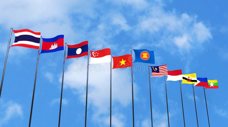 3D Rendering of Asean Country`s Flags on Sky Stock Illustration ...