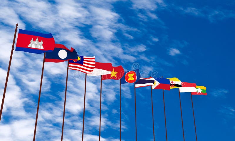 3d rendering ASEAN flag stock illustration. Illustration of pole - 71111056