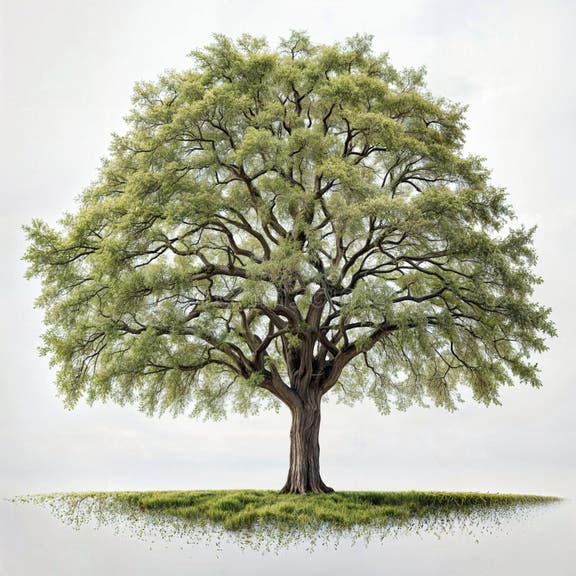 3D Rendering of Leafy Tree, with a Large Trunk, Standing in a Grassy ...