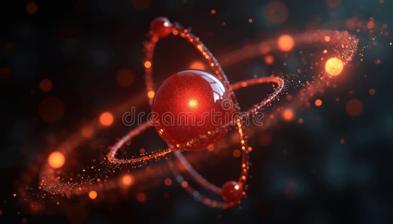 3D Rendering of Atom. Red Nucleus with Orbiting Electrons in Atomic ...