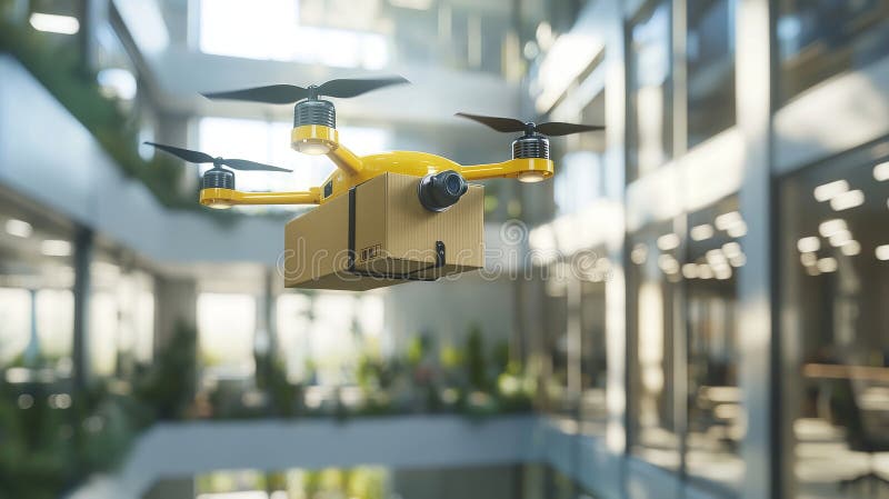 3D Rendering of an Autonomous Deliverybot Showing a Yellow Smart Drone ...
