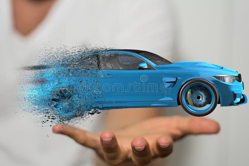3D Rendering of an Autonomous Driving Electric Car Floating on a Man S ...