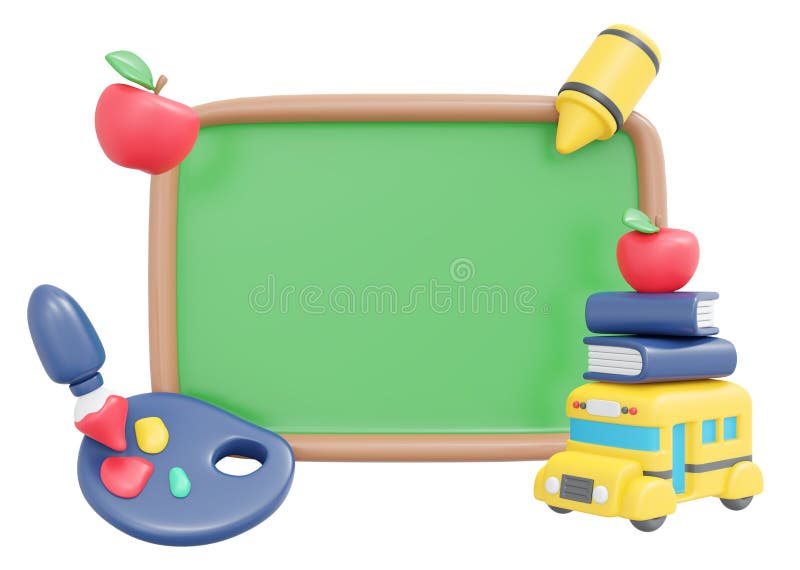 3D Rendering Back To School Blackboard Template Cartoon Style. Stock ...