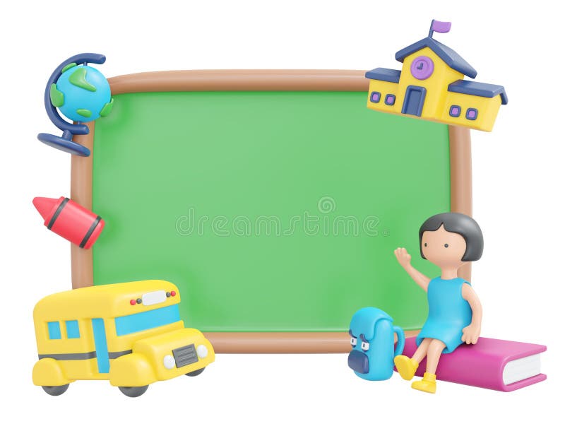 3D Rendering Back To School Blackboard Template Cartoon Style. Stock ...
