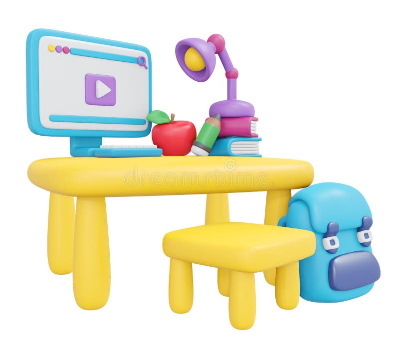 3D Rendering Back To School Studying Online Education Cartoon Style ...